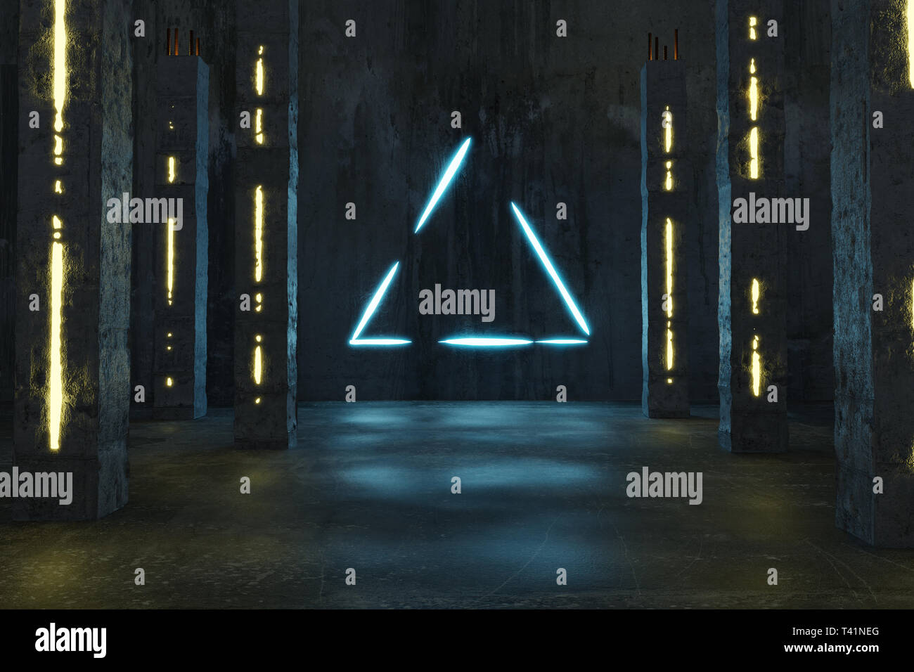 3d rendering of blue lighten triangle shape next by concrete pillars ...