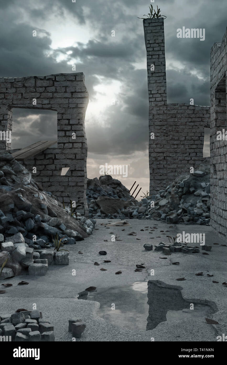 3d rendering of damaged street with pile of rubble and leftover brick ...
