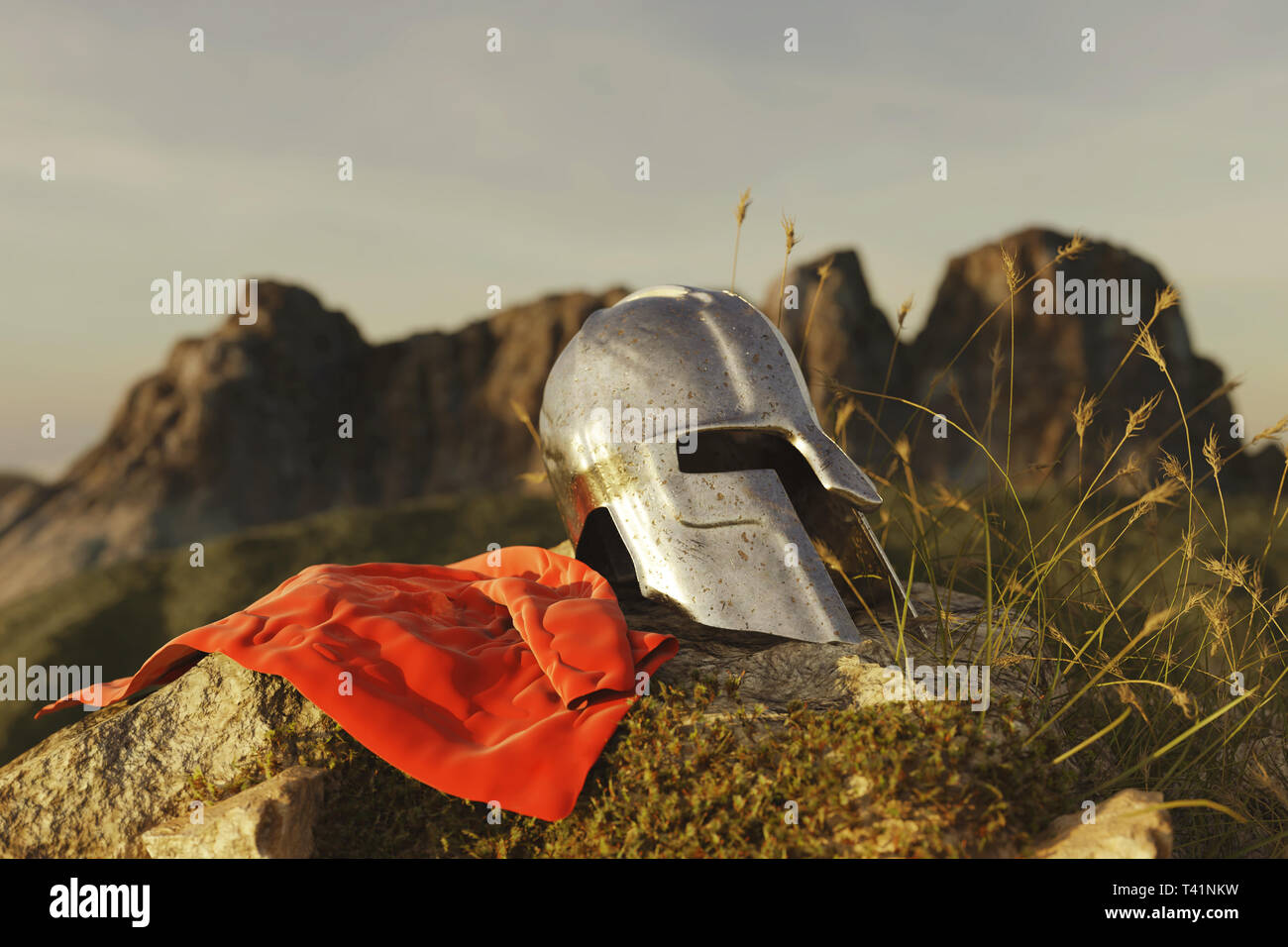 3d rendering of ancient greek Sparta type helmet with red cape laying ...