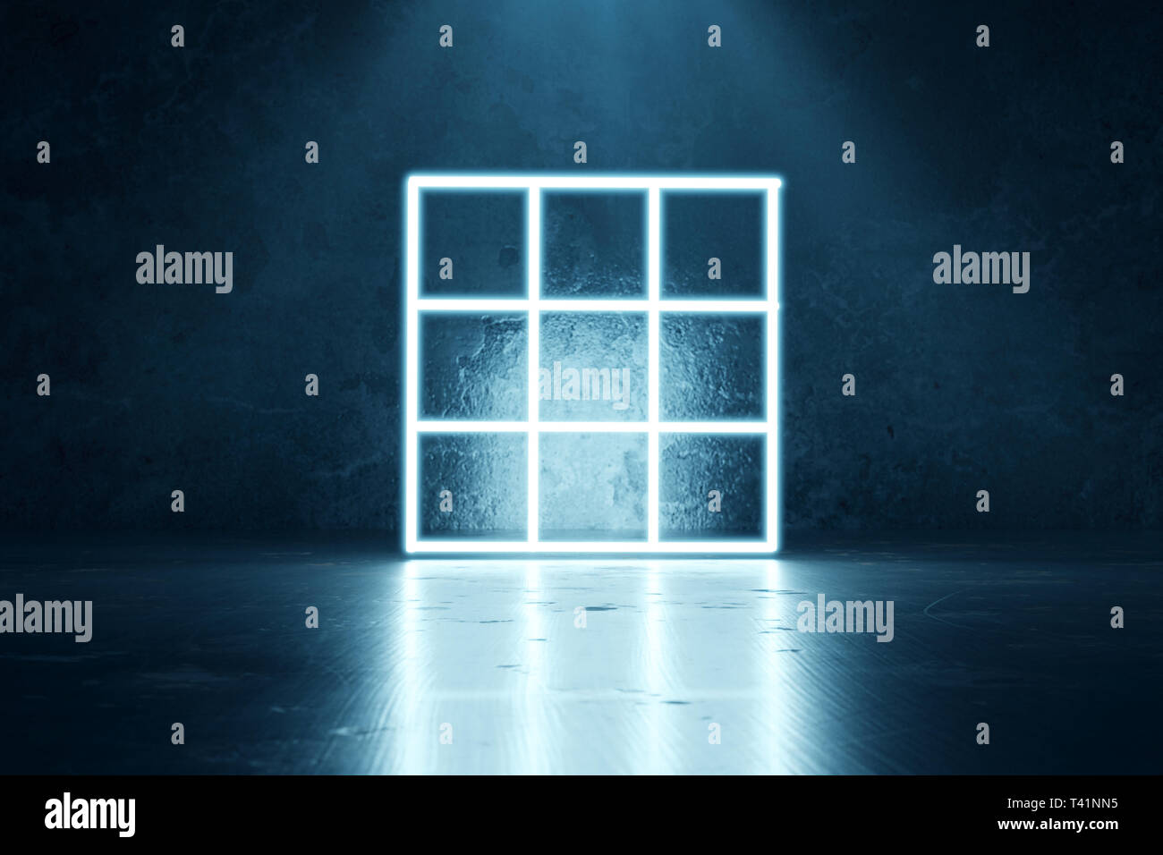 3d rendering of blue lighten mesh shape with light beam and grunge wall ...