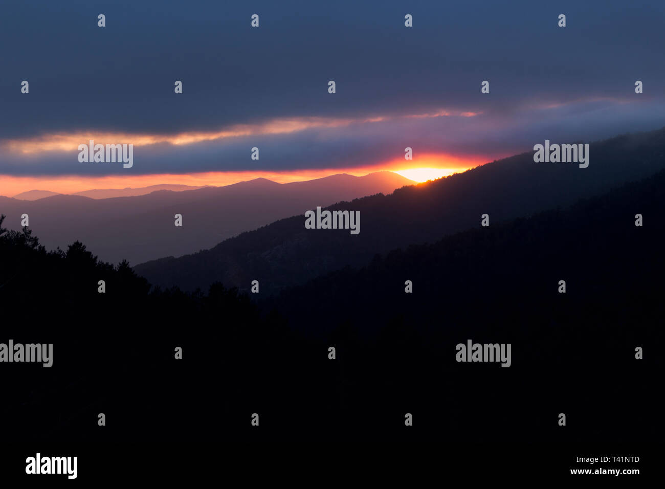 Nice sunset between mountains and forests Stock Photo - Alamy