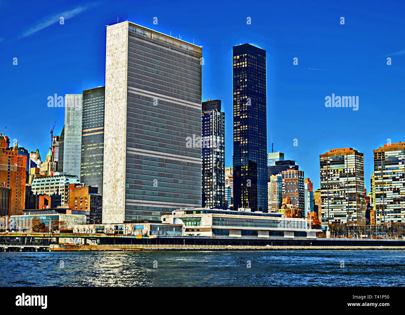 HDR view of Midtown Manhattan skyline with United Nations Building ...
