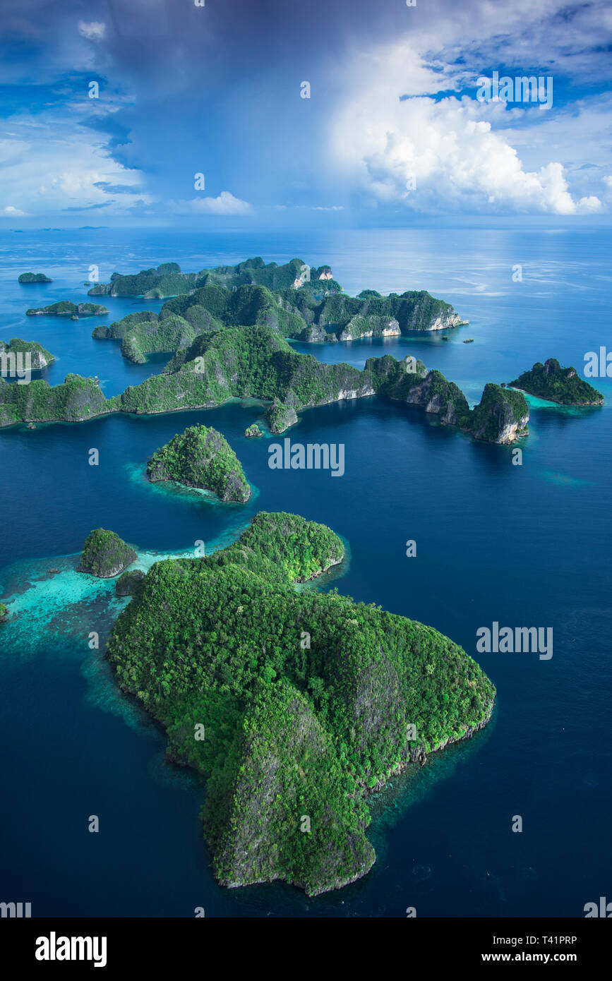 Aerial view of the rock islands near Balbulol in Misool, Raja Ampat ...