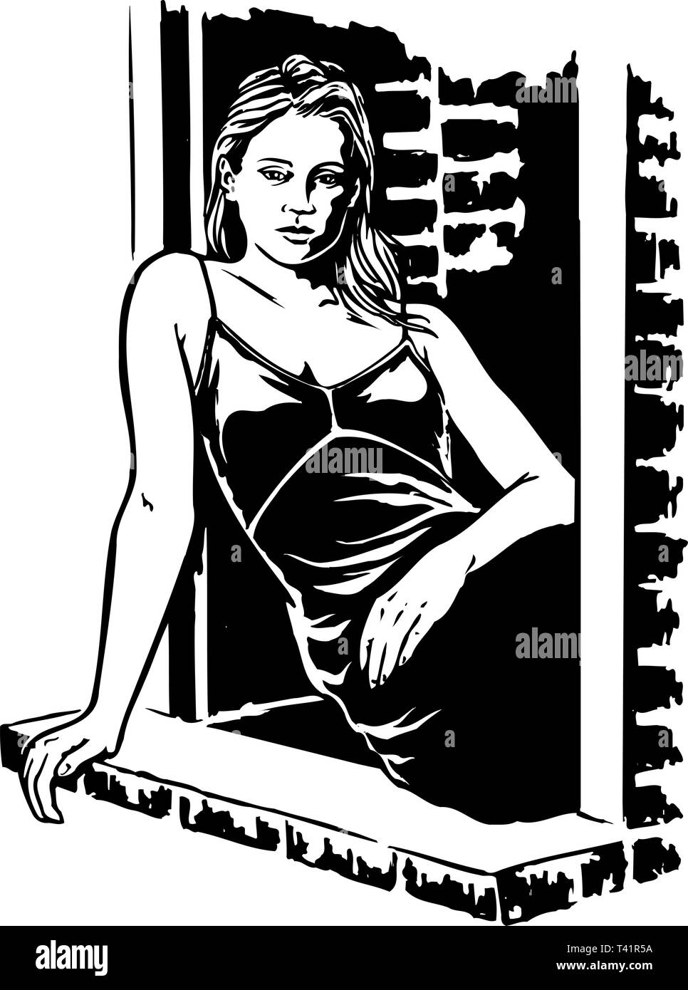 Woman in window illustration Black and White Stock Photos & Images - Alamy