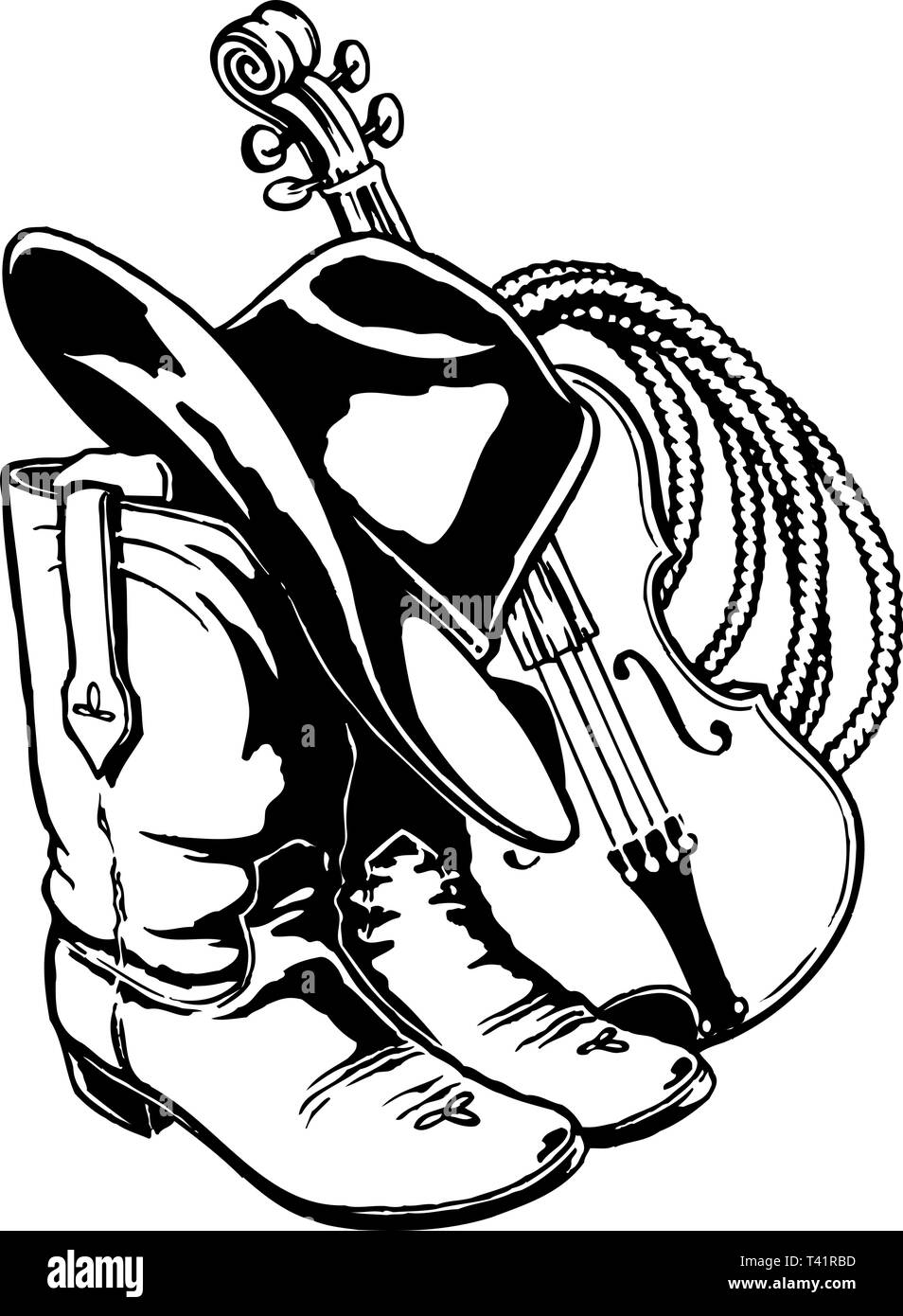 Cowboy Hat And Boots And Rope Drawing