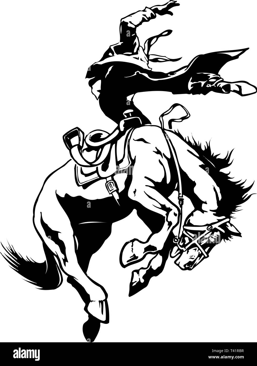 Illustration rodeo cowboy riding bucking Black and White Stock Photos ...