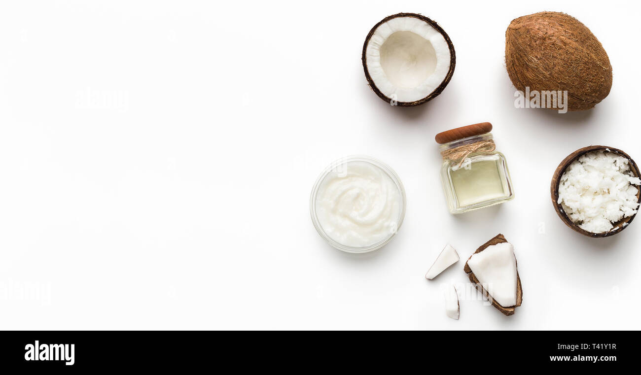 Coconut products on white Stock Photo - Alamy