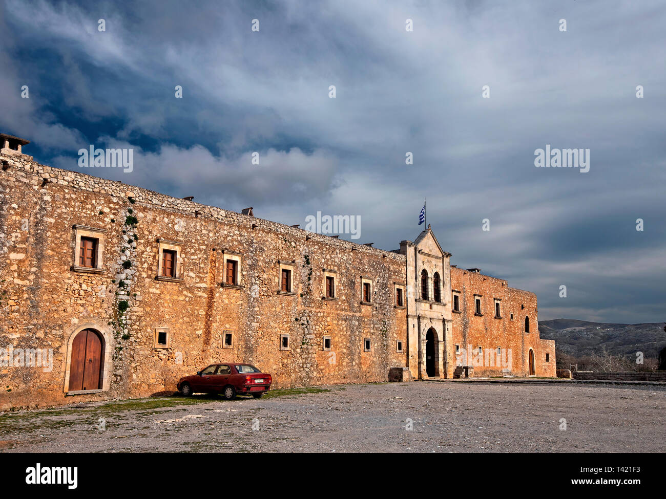 The exterior walls and the main entrance of Arkadi Monastery, symbol of ...