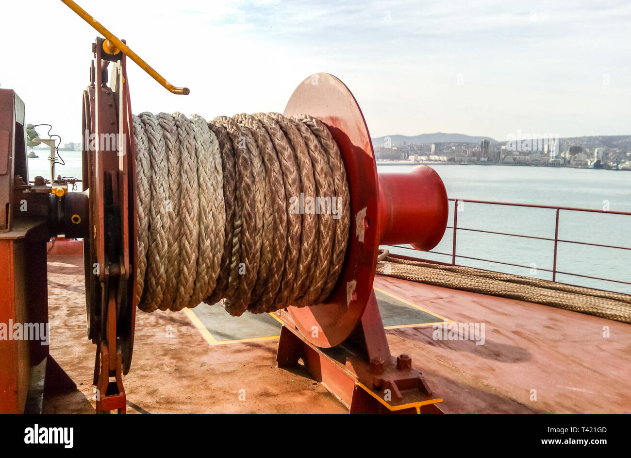 Mechanisms of tension control ropes. Winches. Equipment on the deck of ...