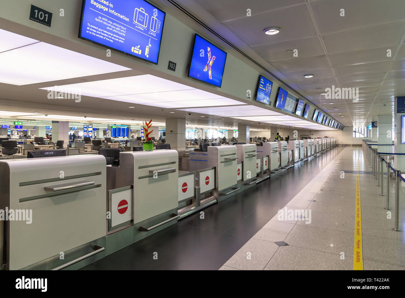 Dubai, UAE - April 2. 2019. Empty check-in area at the DXB ...