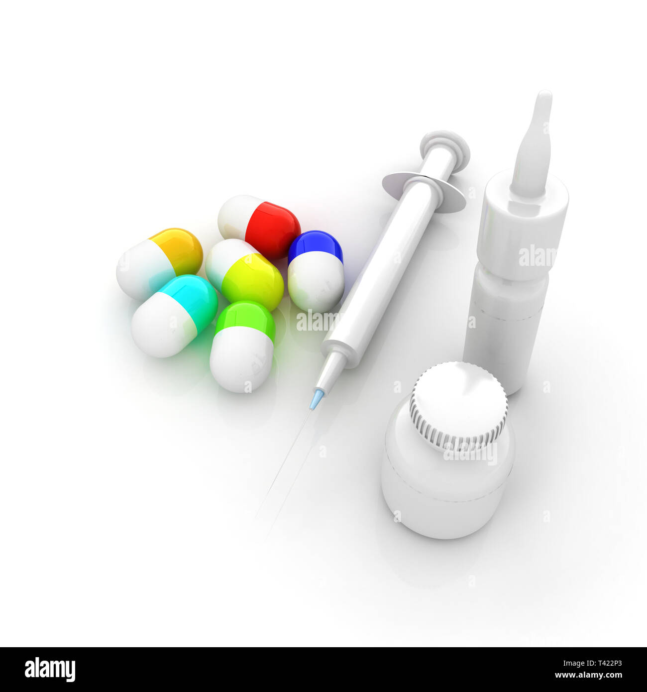 Syringe, tablet, pill jar. 3D illustration Stock Photo - Alamy