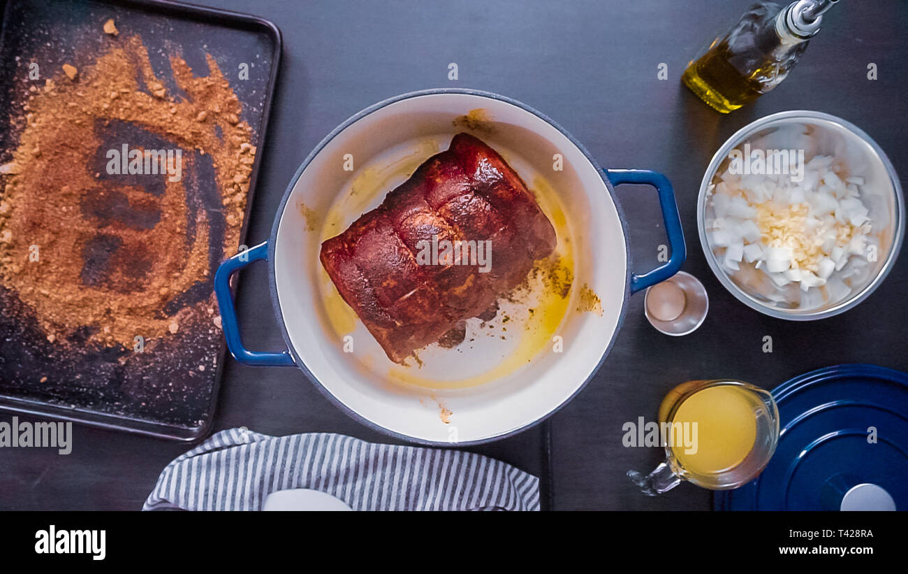 Flat lay. Step by step. Cooking boneless pork roast in cast iron dutch ...
