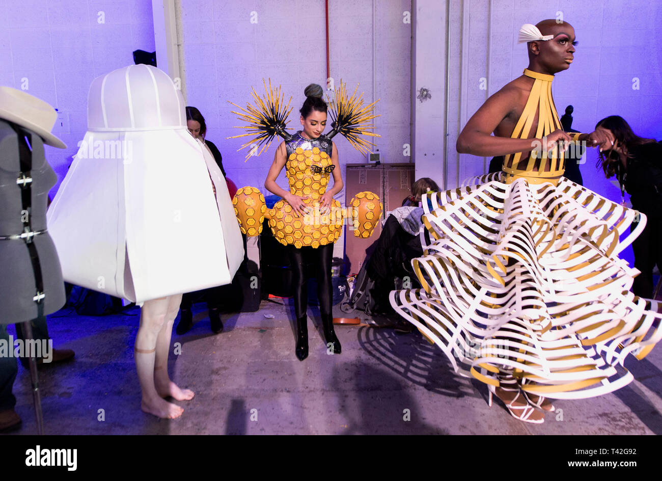 Aurora, Colorado, USA. 12th Apr, 2019. Models line up backstage to ...