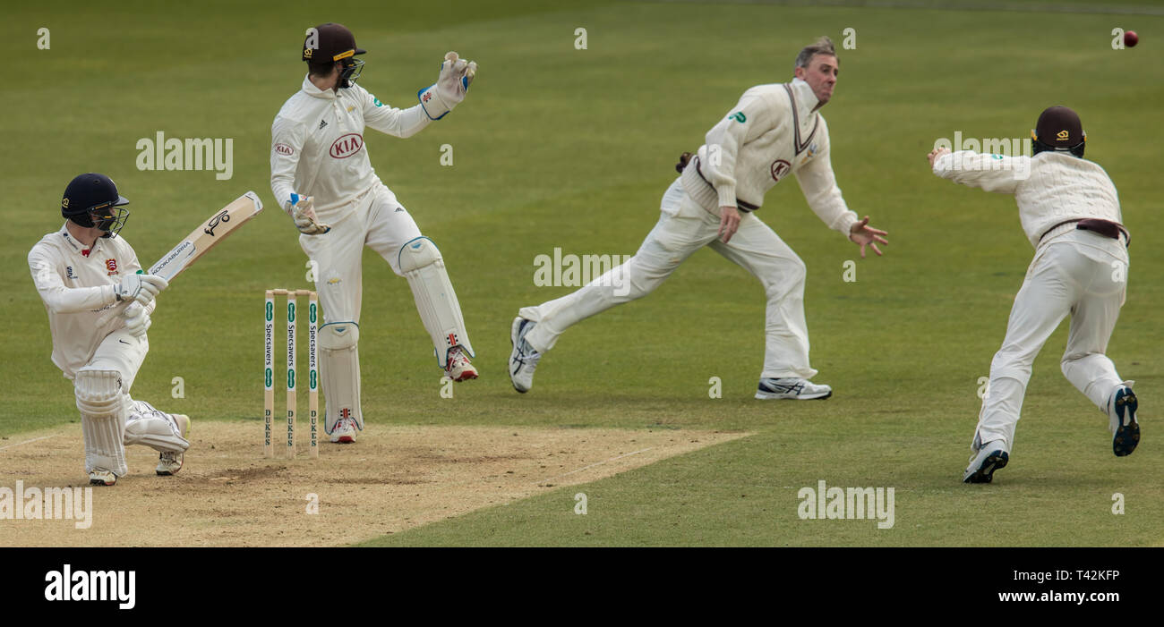 London, UK. 13th Apr, 2019. Robbie White reverse sweeps batting as ...