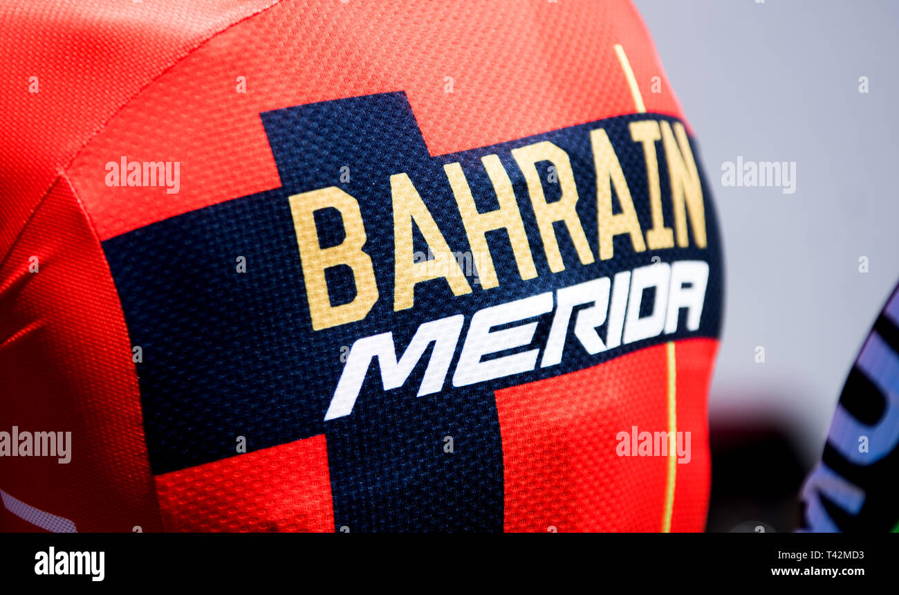 Eibar, Spain.13th April, 2019. Logo of Bahrain Merida on the shirt of ...