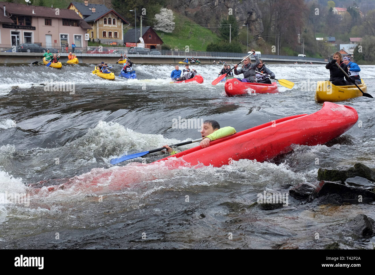 Mala Skala, Czech Republic, 13th April 2019. People in an boat enjoying ...