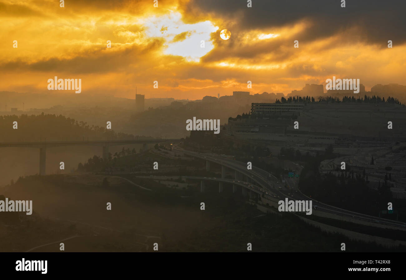 A misty sunrise over Jerusalem, Israel. A photograph showing the ...