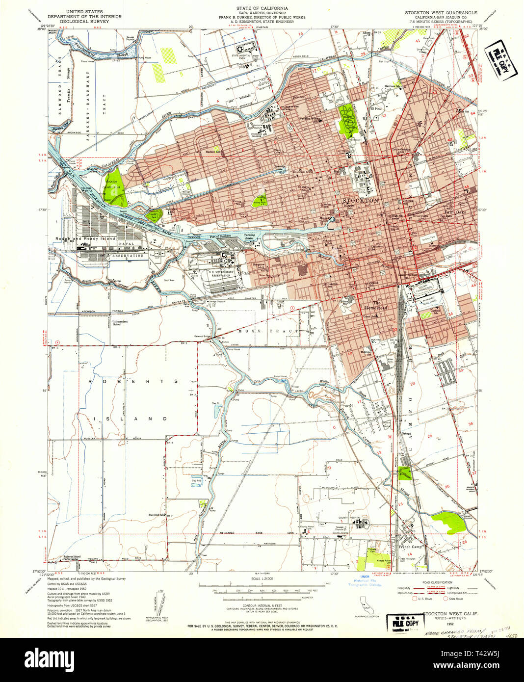 USGS TOPO Map California CA Stockton West 300685 1952 24000 Restoration ...
