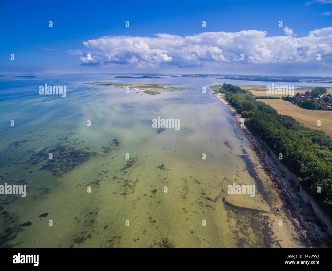 Aerial view of the beautiful beach coastline with cliffs at Poel island ...