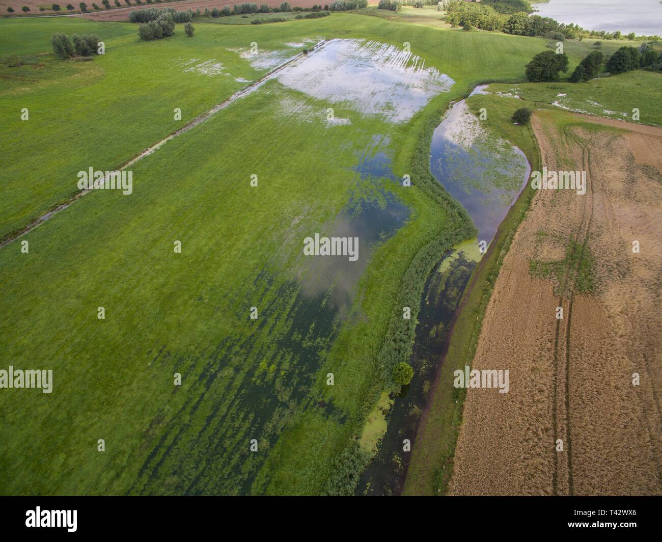 Aerial view of flooded agricultural fields after storm with heavy rain ...