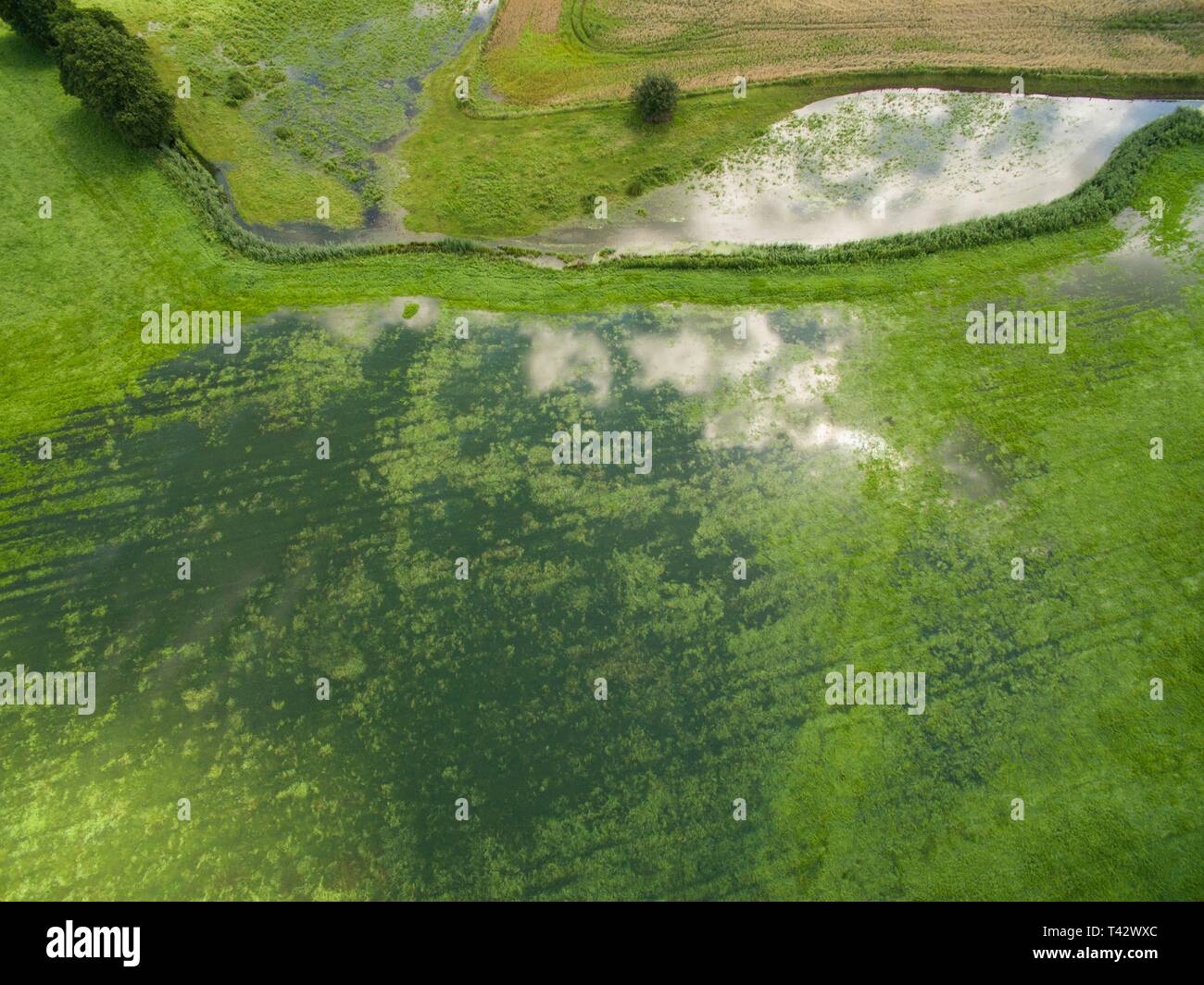 Aerial view of flooded agricultural fields after storm with heavy rain ...