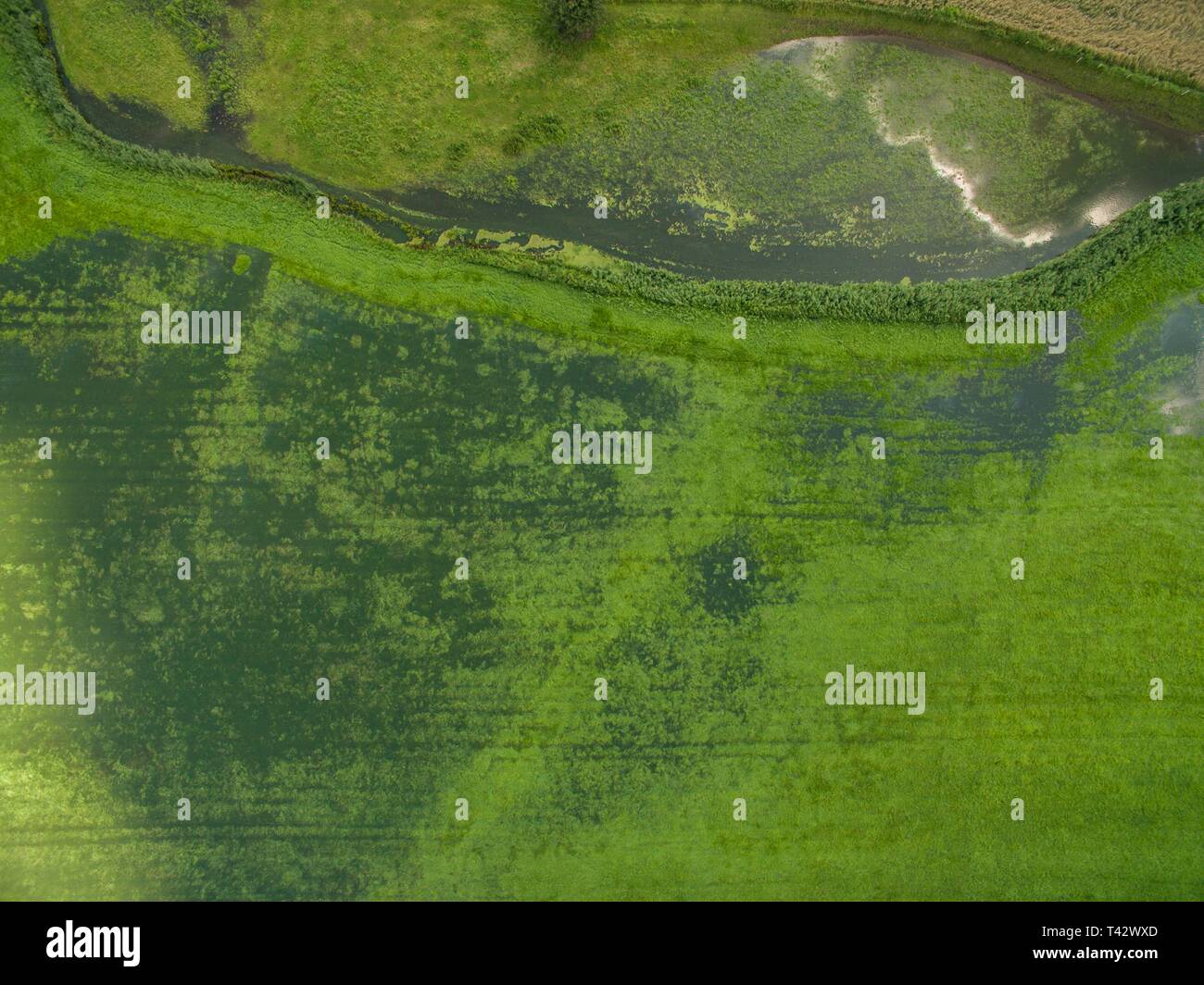 Aerial view of flooded agricultural fields after storm with heavy rain ...
