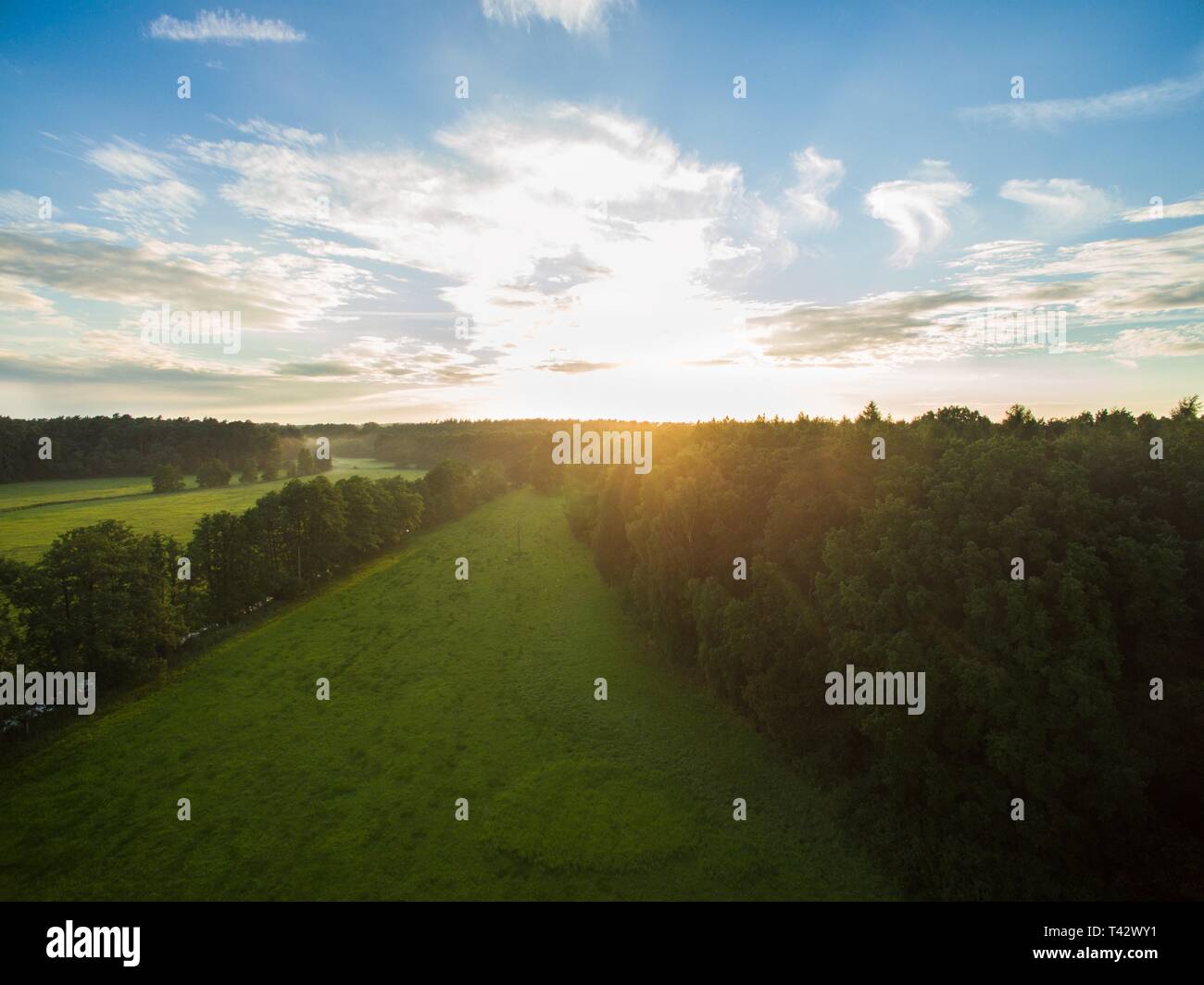 Aerial view of a beautiful sunset over forest landscape with green ...