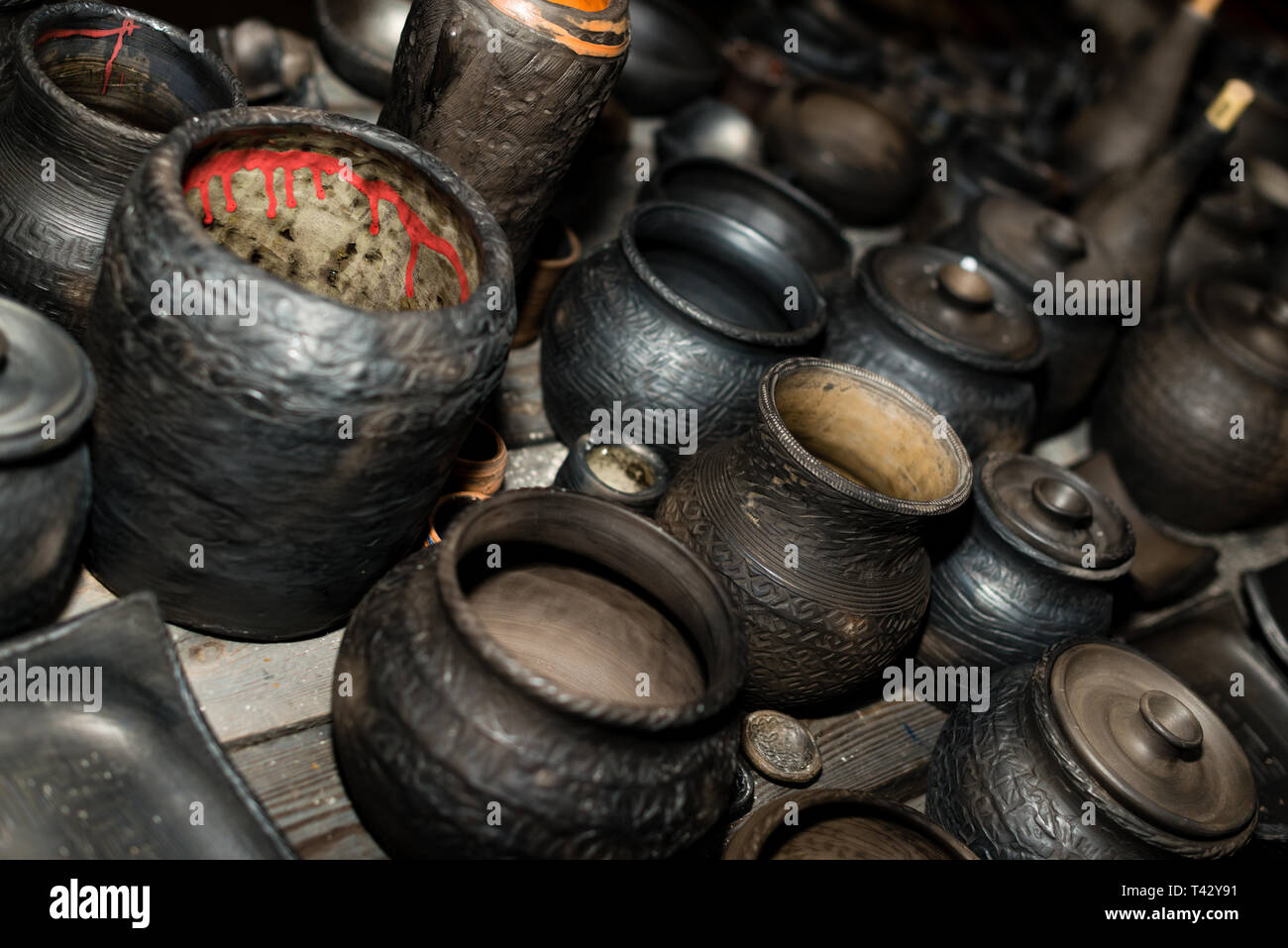 Burnt black ceramics. Burnt clay pots and plates, dishes - Image Stock ...