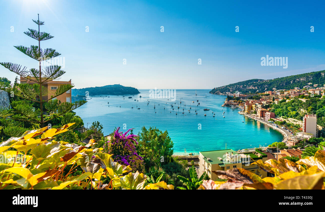 Aerial view of French Riviera coast with medieval town Villefranche sur ...
