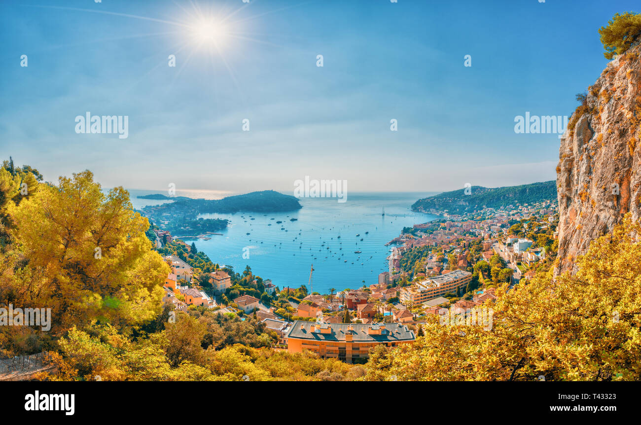 Aerial view of French Riviera coast with medieval town Villefranche sur ...