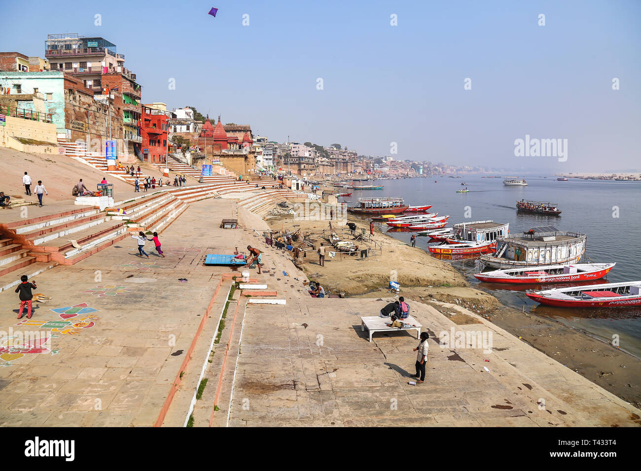 Aerial view of Ganges river bank at Varanasi with ancient architecture ...