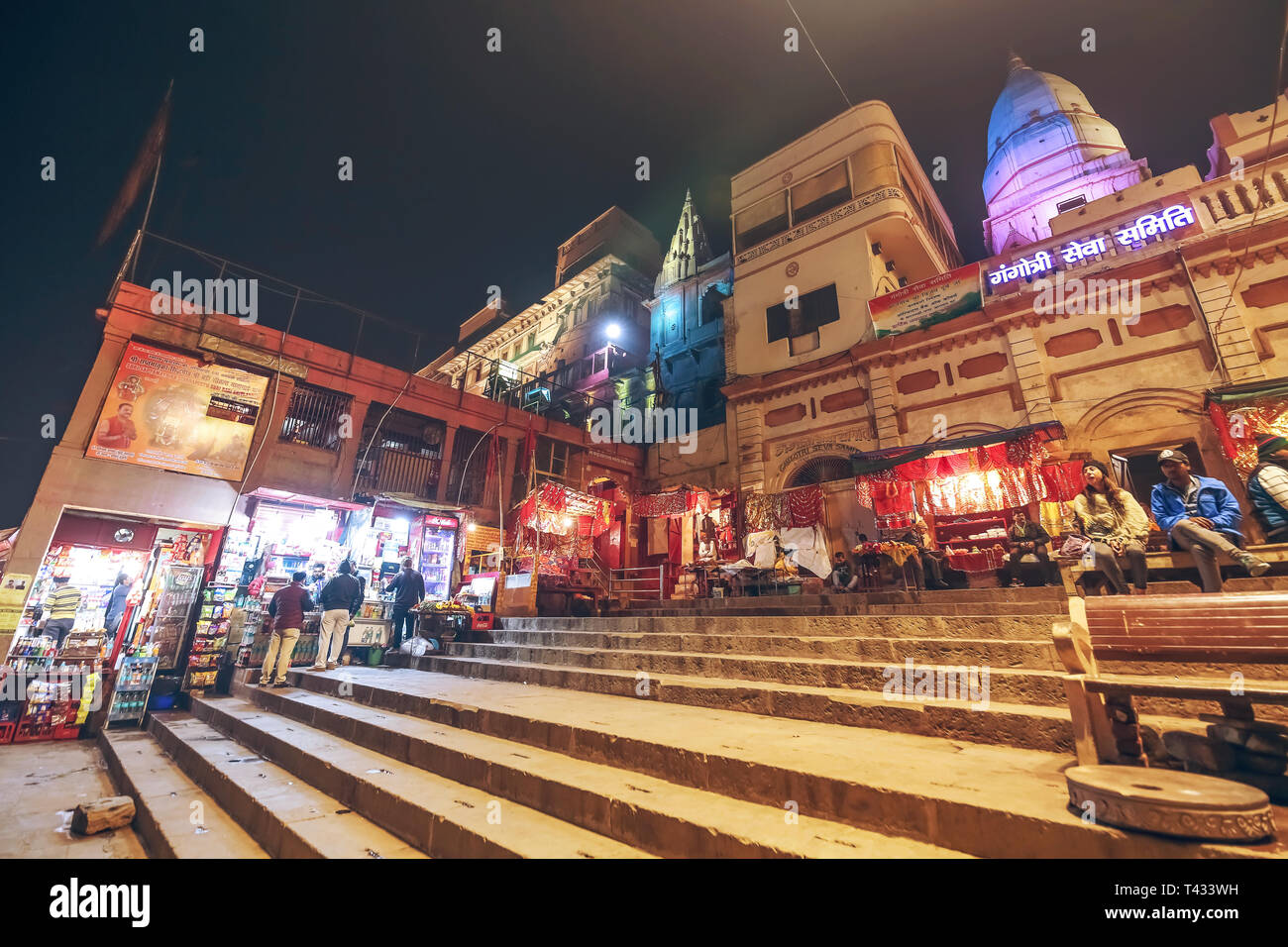 Dashashwamedh Ganges river ghat at night with ancient architecture and ...