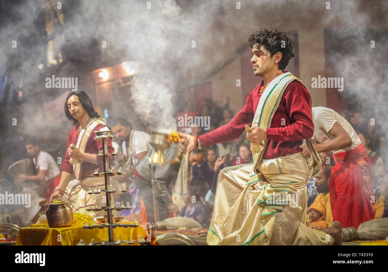 Varanasi Ganga aarti ritual ceremony performed by young Hindu priests ...