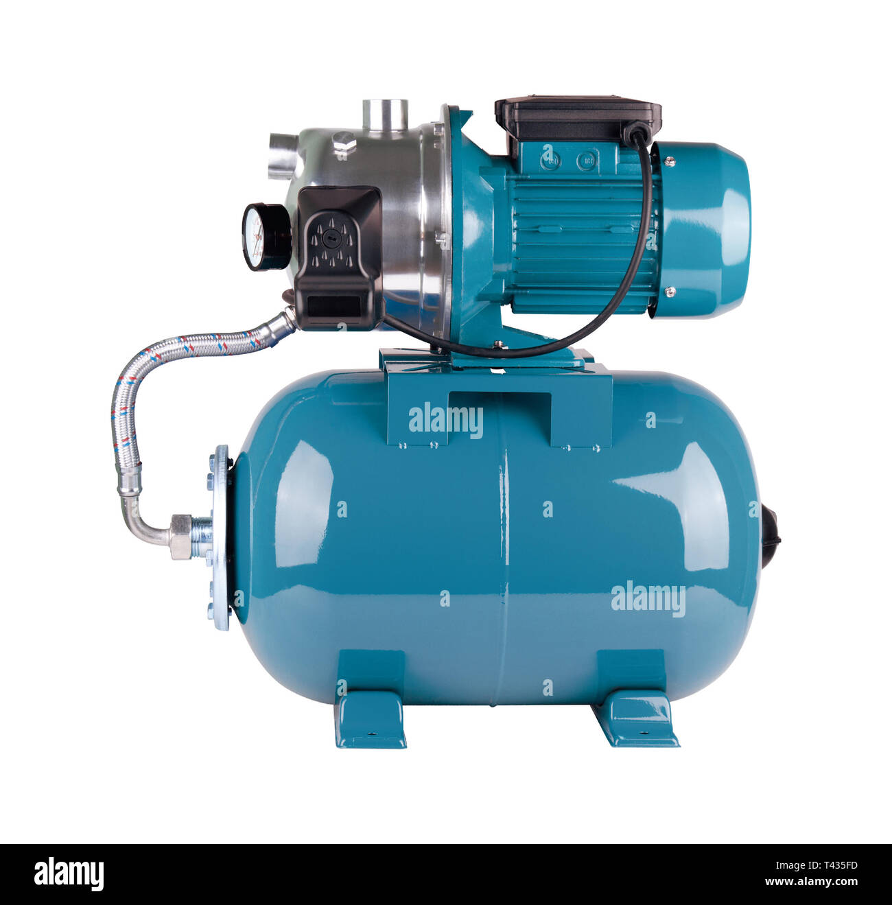 Automatic water supply station isolated white background. Steel pump ...