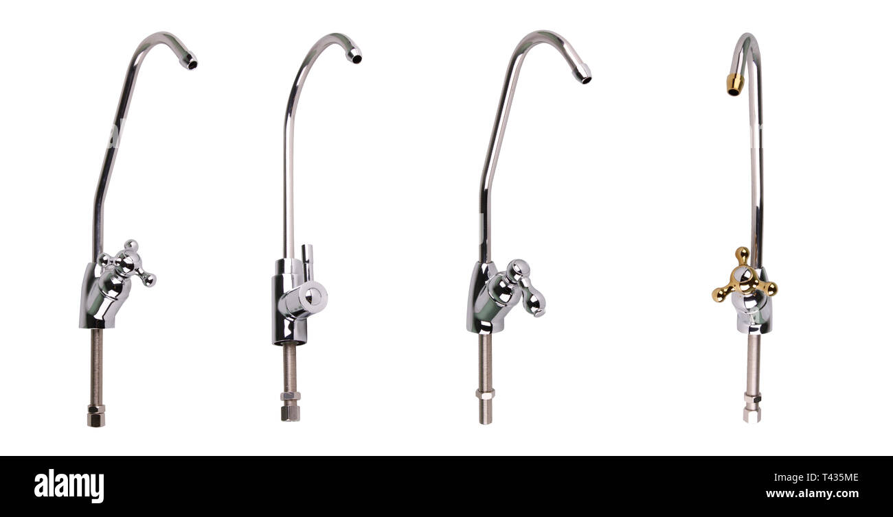 Set of metal 4 pcs. Tap for clean water. Isolated white background ...