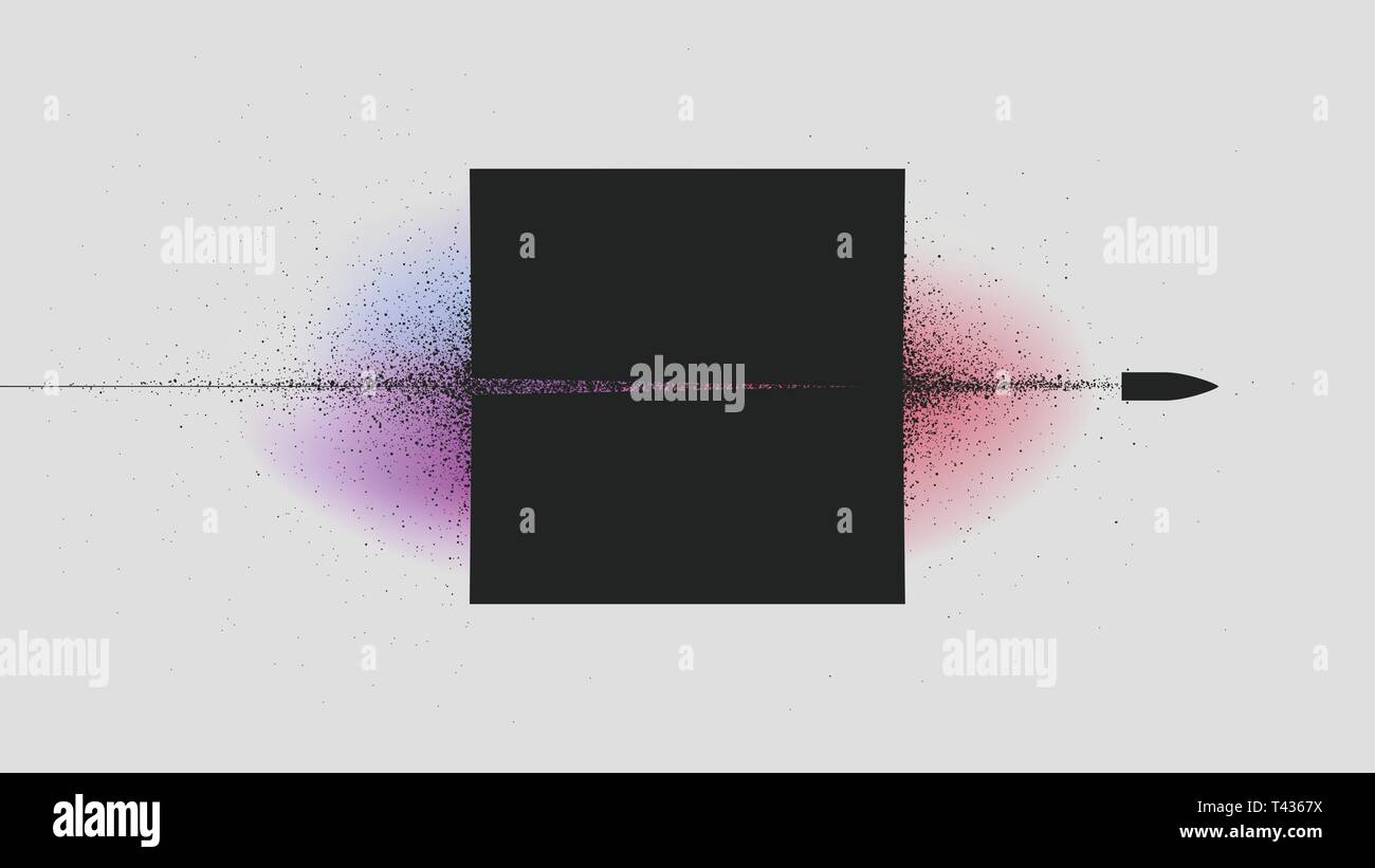 Flying bullet through the black square, Particle explosion from shot ...