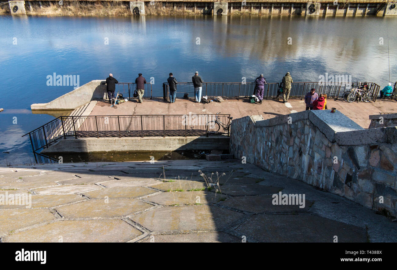 Chernihiv, Ukraine - 04/20/2015: City fishing site on the river's port ...