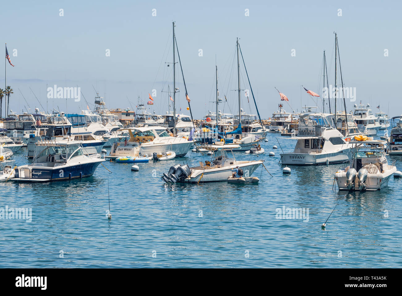 Boats anchored in Avalon Harbor at Catalina Island. Avalon, Catalina ...