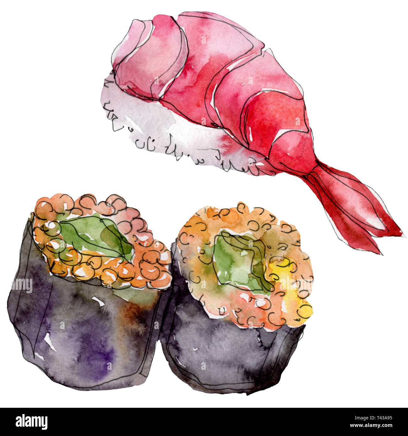 Watercolor sushi set of beautiful tasty japanese food illustration ...