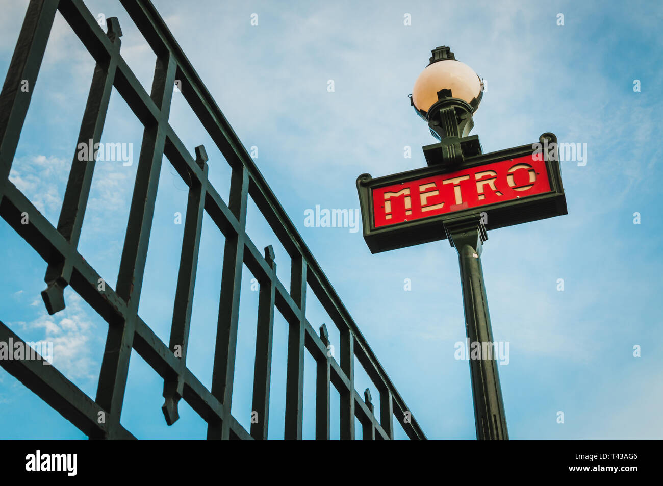 Landscape of the metro sign at the exit of the train station in Paris ...