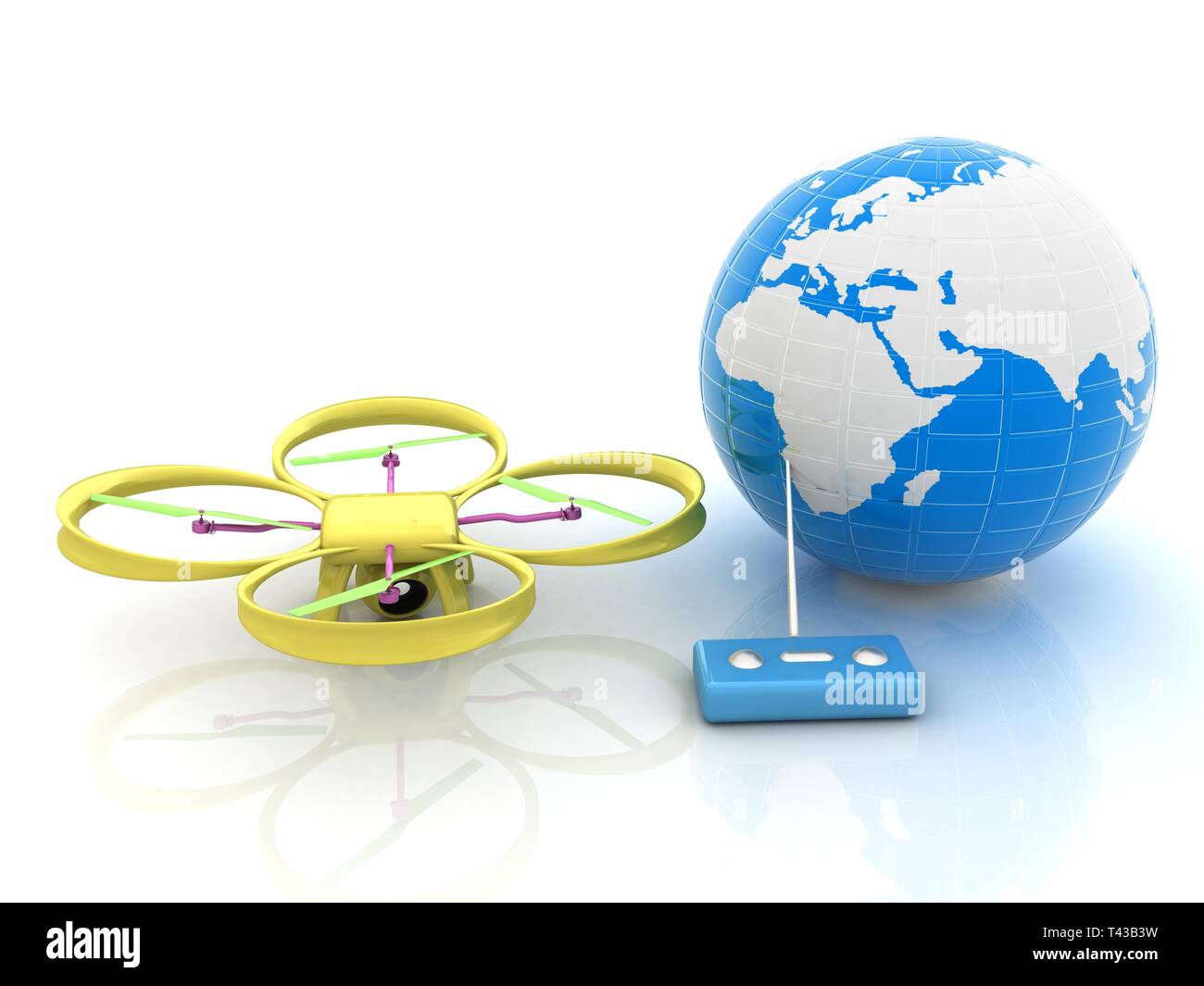 Quadrocopter Drone with Earth Globe and remote controller on a white ...