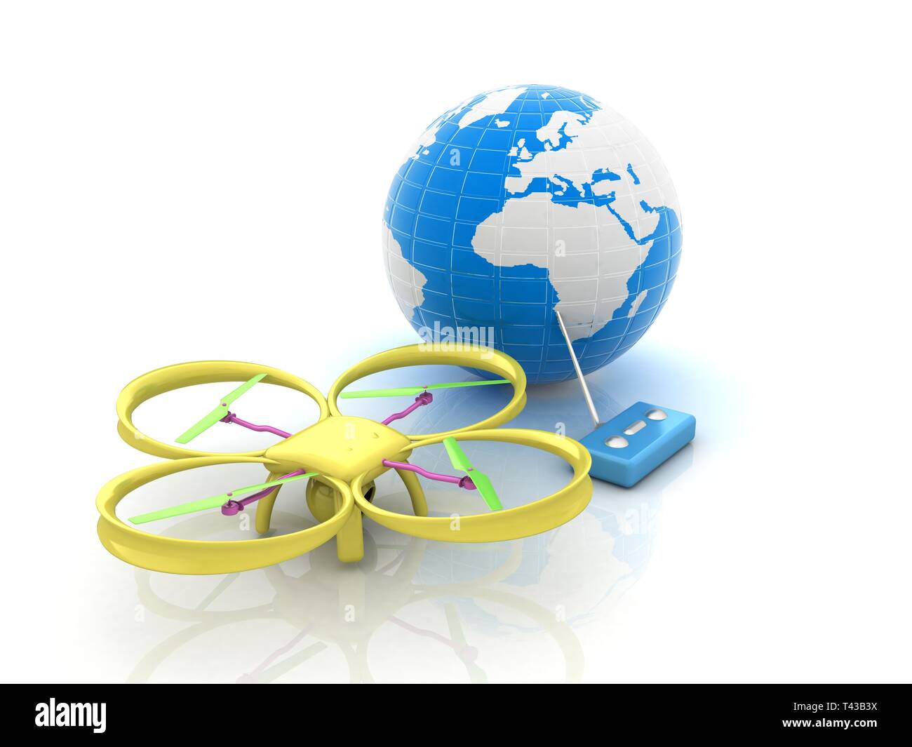 Quadrocopter Drone with Earth Globe and remote controller on a white ...
