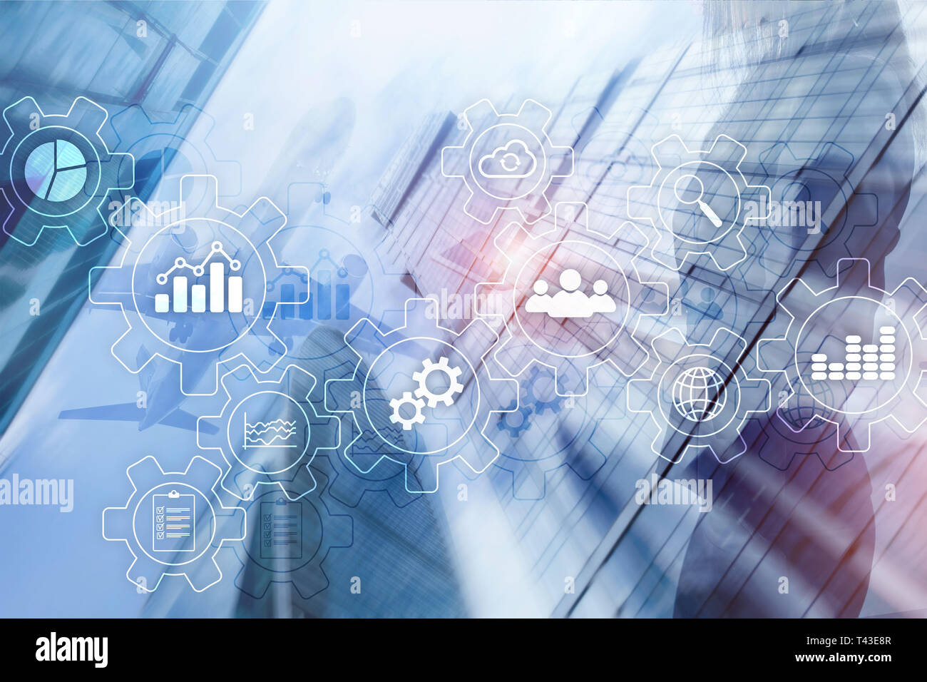 Business process abstract diagram with gears and icons. Workflow and ...