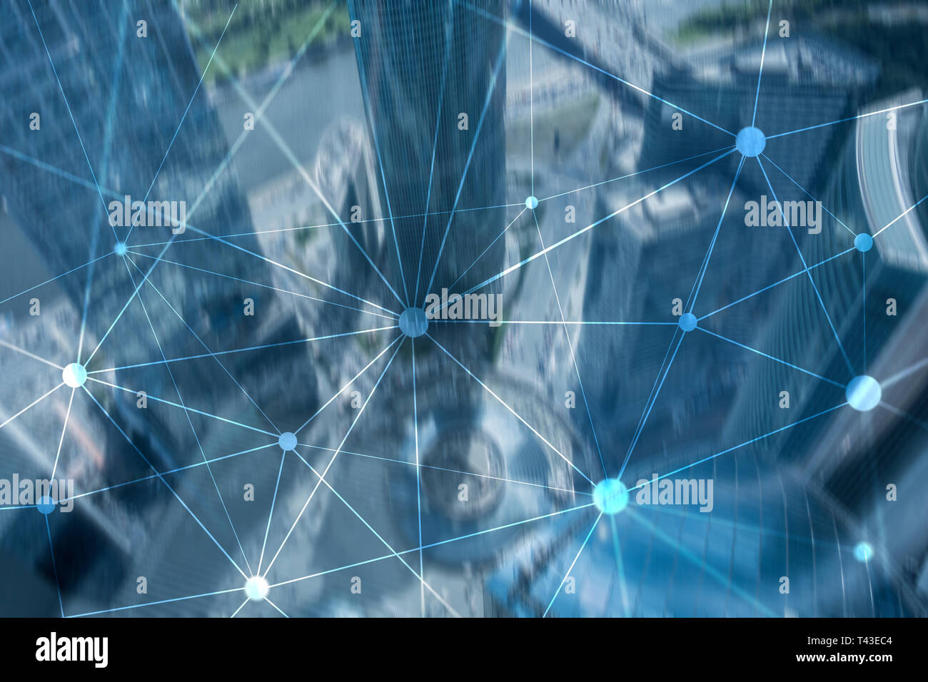 Blockchain network on blurred skyscrapers background. Financial ...