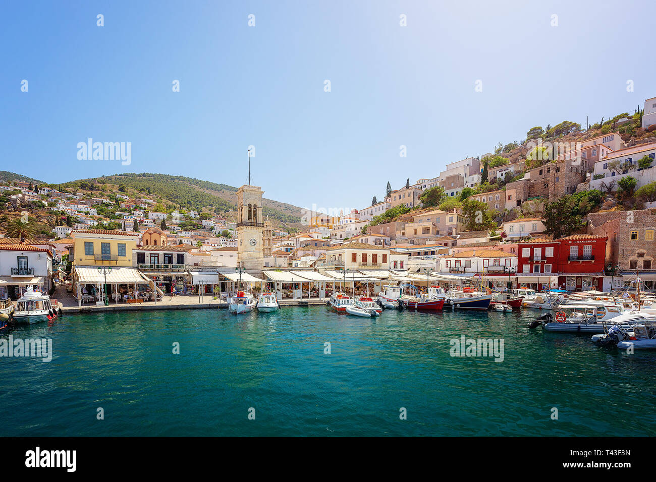 Hydra, Greece - June 2, 2018: Beautiful harbor with cycladic ...