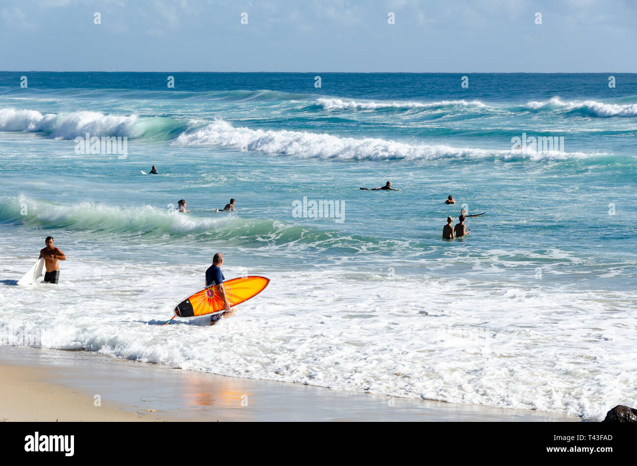 People on the beach, swimming and surfing, at Burleigh Heads, Gold ...