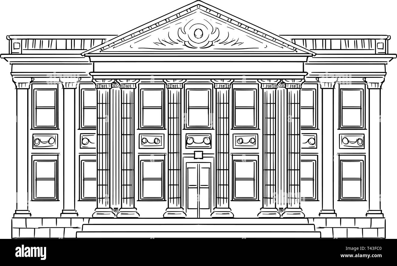 Vector black and white drawing of bank building in classic style with ...