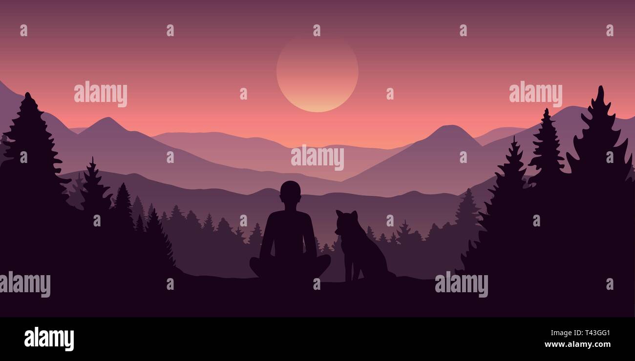 man and his dog beautiful red mountain forest landscape vector ...