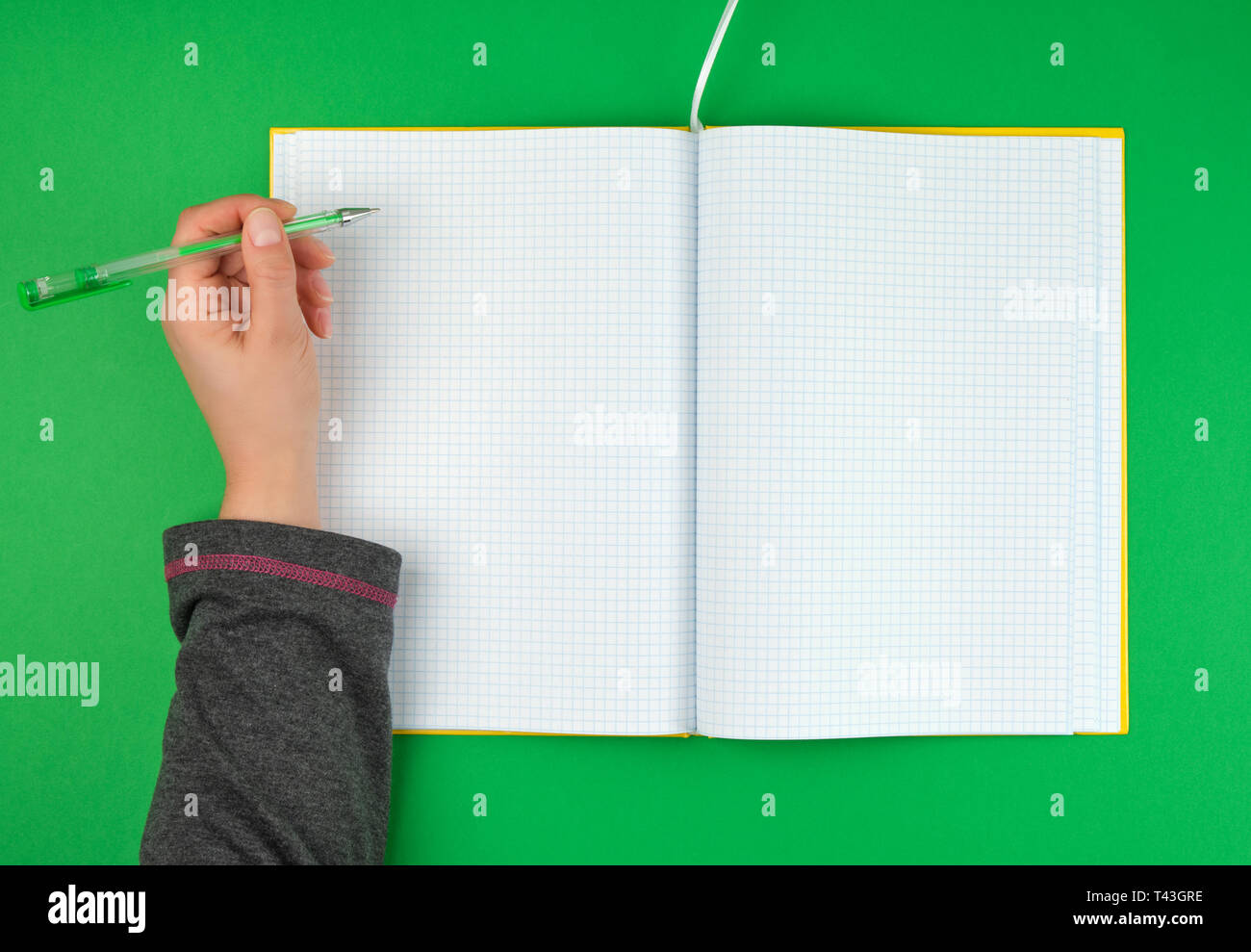 female hand holding pen, near blank open notebook in a cell, green ...