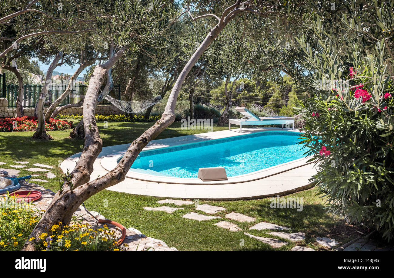 Private swimming pool with turquoise water and beautiful garden Stock ...